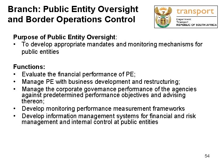 Department of Transport Overview of the Departments Objectives