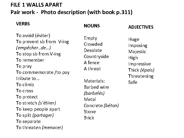 FILE 1 WALLS APART Pair work Photo description