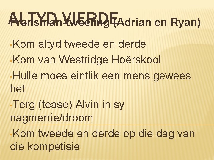 ALTYD VIERDE Hoofkarakters Alvin Die afrigter Mnr Hendricks