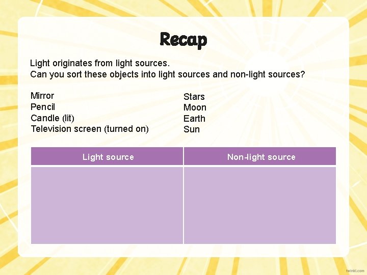 Recap Light originates from light sources Can you