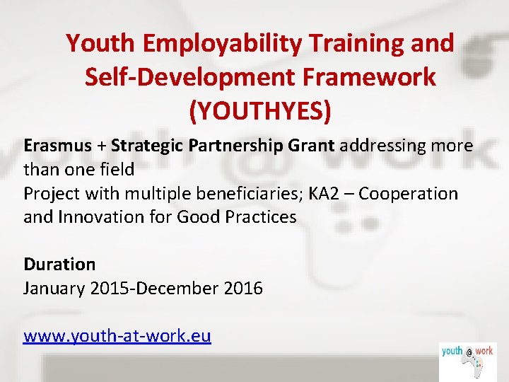The Youth Employability Training and SelfDevelopment YOUTHYES project