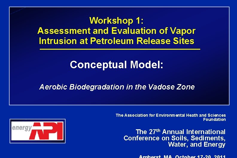 Workshop 1 Assessment and Evaluation of Vapor Intrusion