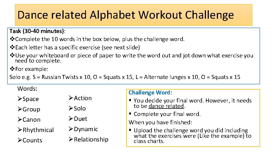 Dance related Alphabet Workout Challenge Task 30 40