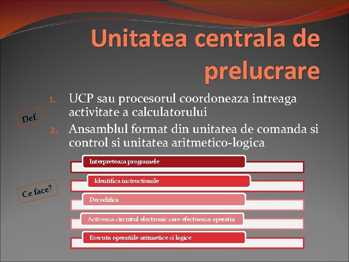 Unitatea centrala de prelucrare UCP sau procesorul coordoneaza