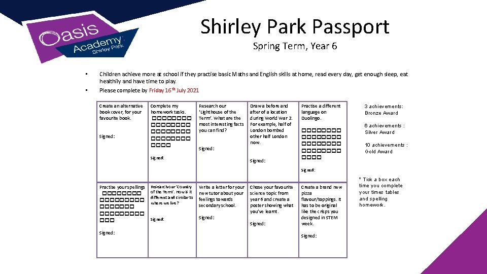 Shirley Park Passport Spring Term Year 6 Children