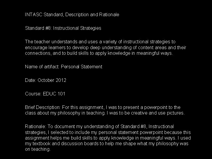 Personal Statement Brooke Glover INTASC Standard Description and