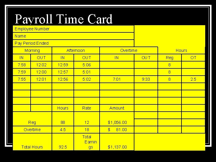 Chapter 13 Payroll Payroll Time Card Employee Number
