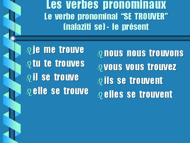 Les verbes pronominaux Le verbe pronominal SE TROUVER