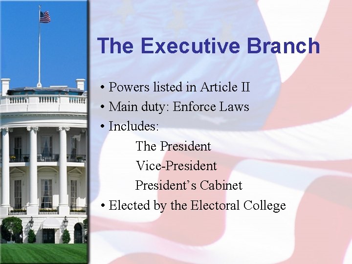 The President The Executive Branch Powers listed in
