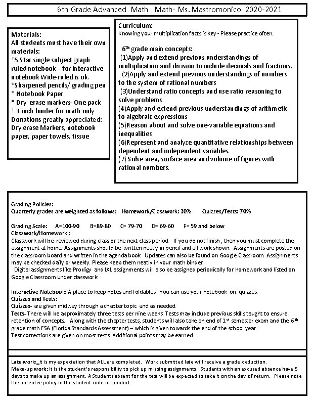 6 th Grade Advanced Math Ms Mastromonico 2020