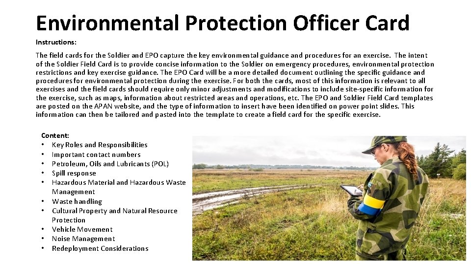 Environmental Protection Officer Card Instructions The field cards