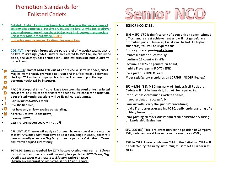 Promotion Standards for Enlisted Cadets Senior NCO Enlisted