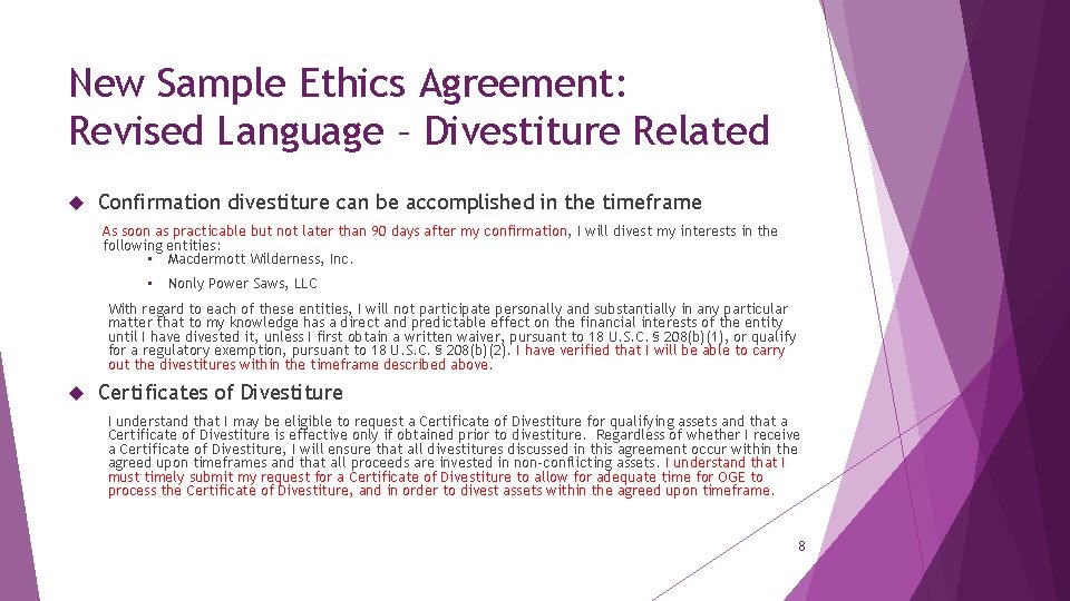 Guide to Drafting Nominee Ethics Agreements Information about