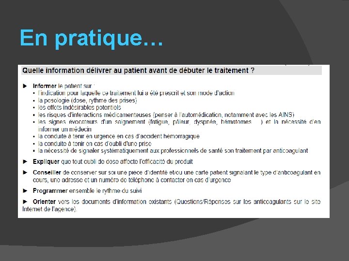 TRAITEMENTS ET SOINS INFIRMIERS ANTICOAGULANTS Sur la base