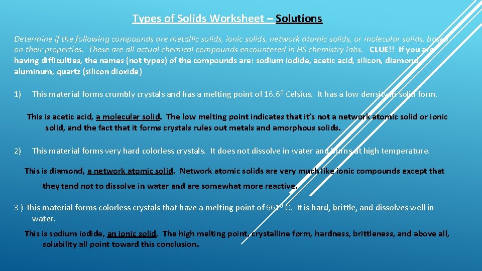 Types of Solids Worksheet Solutions Determine if the