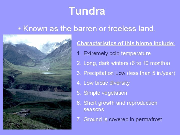 Biomes Tundra Known as the barren or treeless