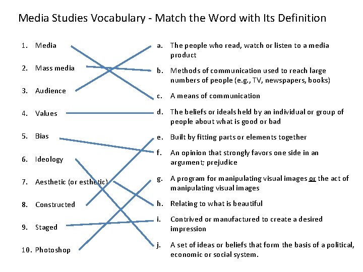 Media Studies Vocabulary Match the Word with Its