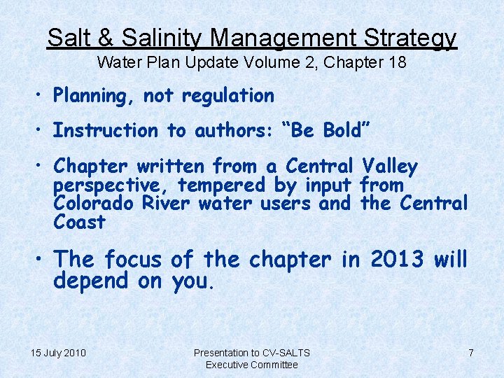 Structure of Water Plan 2009 and what to