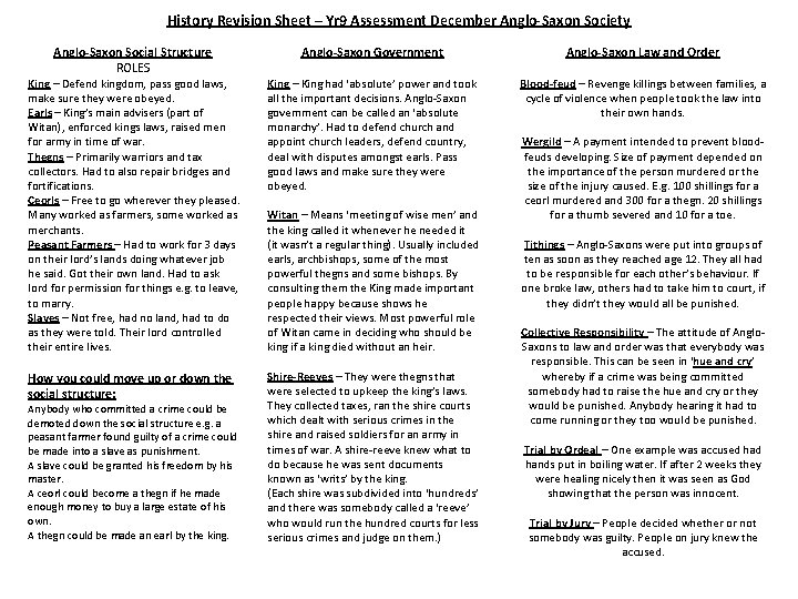 History Revision Sheet Yr 9 Assessment December AngloSaxon