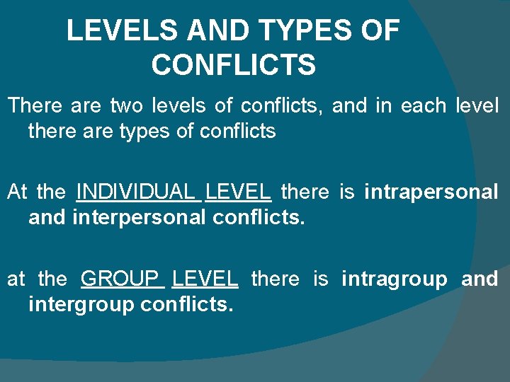 CONFLICT RESOLUTION SUBTOPICS Definitions Levels and types of