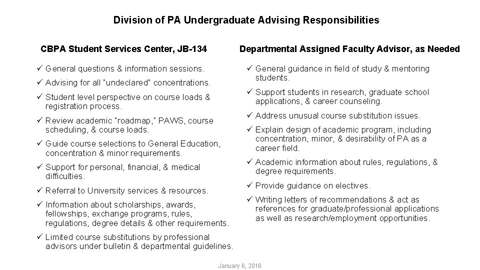 Division of PA Undergraduate Advising Responsibilities Departmental ...
