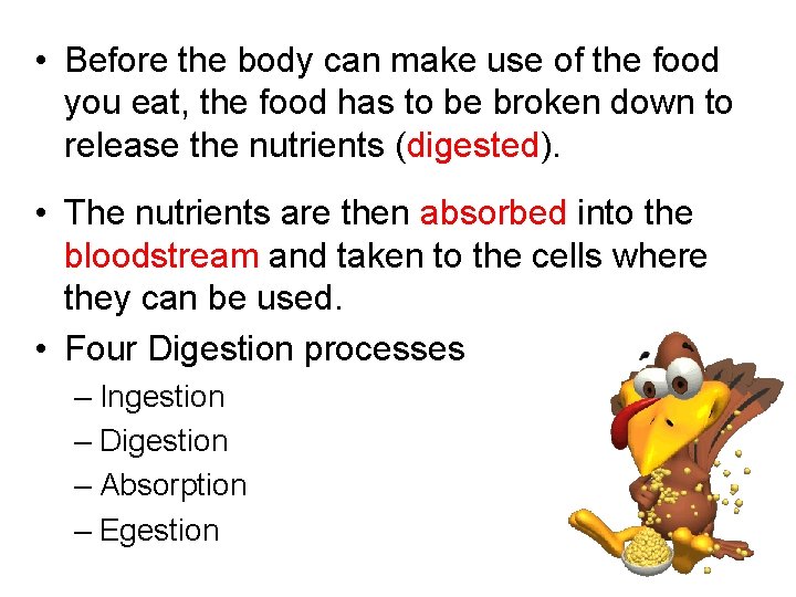 Digestion Breakdown of large insoluble food molecules into