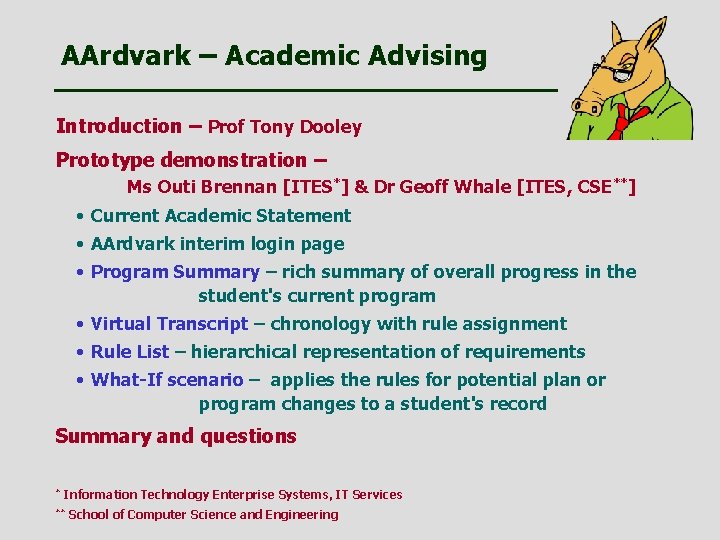 AArdvark Academic Advising Introduction Prof Tony Dooley Prototype