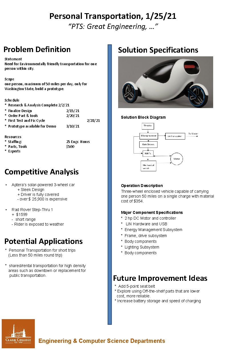 Personal Transportation 12521 PTS Great Engineering Problem Definition