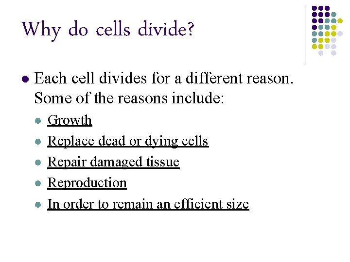Cell Division Chapter 10 Why do cells divide