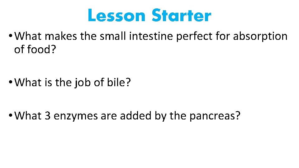 Lesson Starter What makes the small intestine perfect