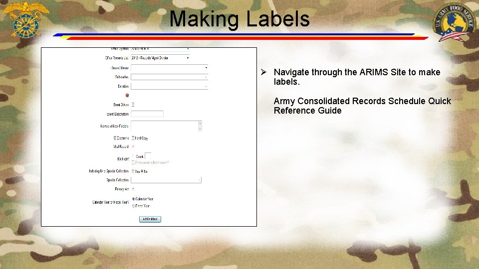 CULINARY OUTPOST FILES Army Record Information Management System