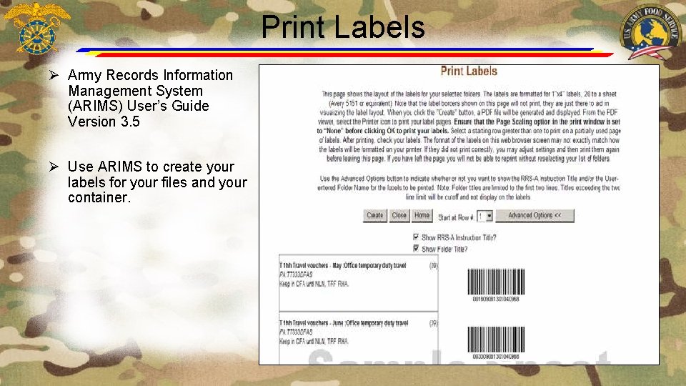 CULINARY OUTPOST FILES Army Record Information Management System