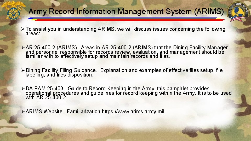 CULINARY OUTPOST FILES Army Record Information Management System