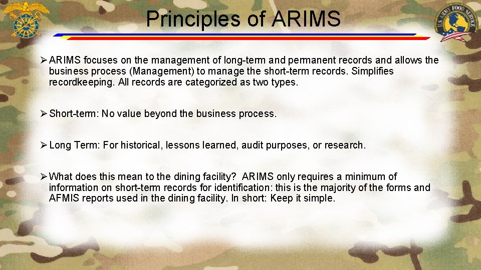 CULINARY OUTPOST FILES Army Record Information Management System