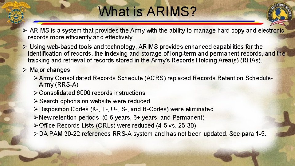 CULINARY OUTPOST FILES Army Record Information Management System