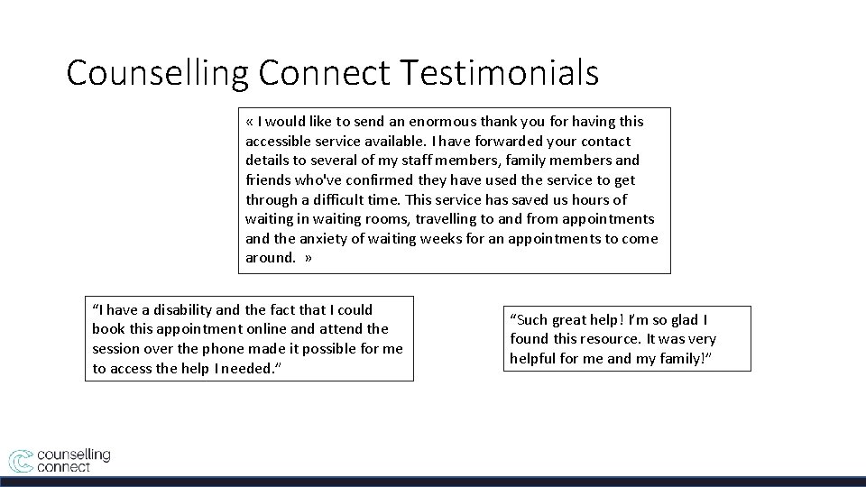 Update on Counselling Connect Sept 21 2020 bookings