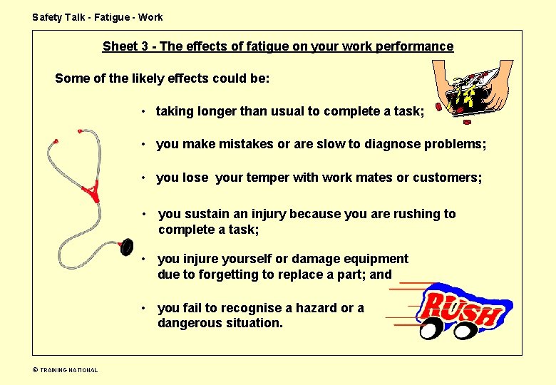 Safety Talk Fatigue Work Sheet 1 Fatigue and