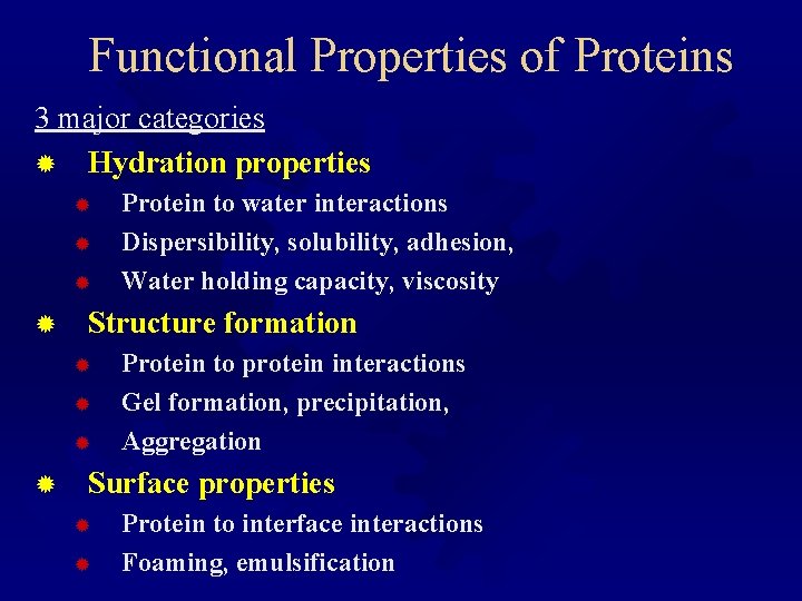 Functional Properties of Proteins 3 major categories Hydration