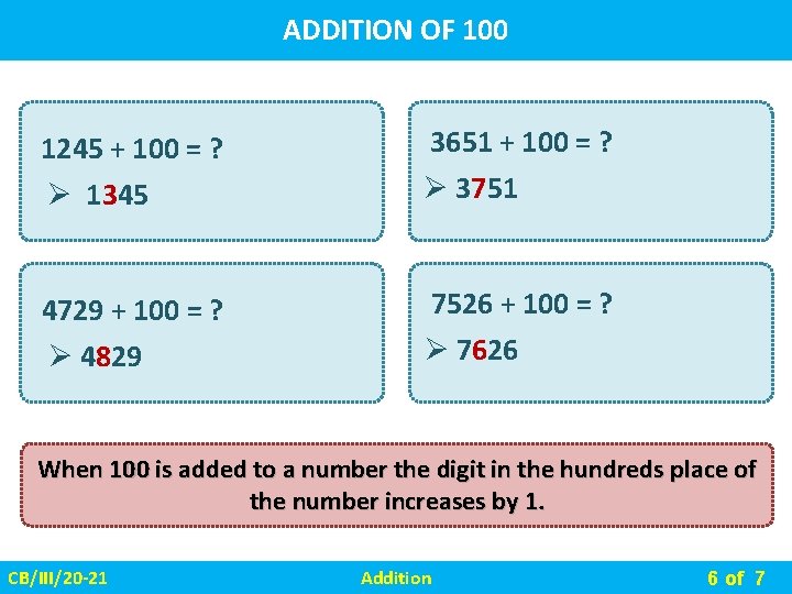 Subject Mathematics Topic Addition Grade III CBIII20 21