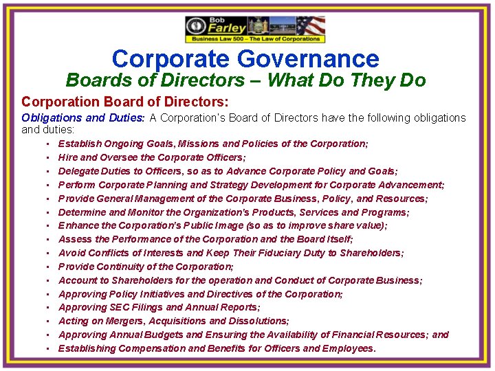 Slide Set Eight B Corporate Governance Board Powers
