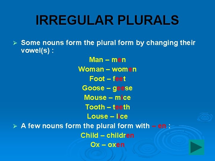 Regular plurals Most nouns form their plural forms