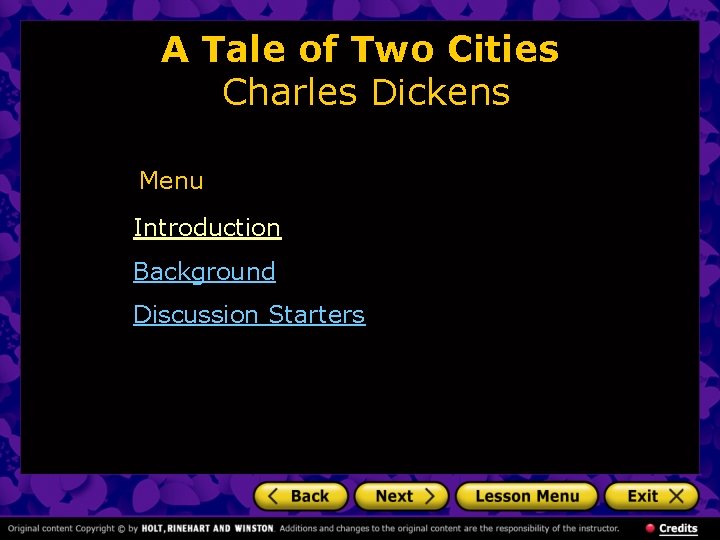 A Tale of Two Cities Charles Dickens Menu