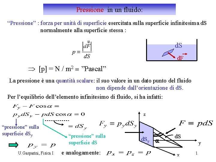 Pressione in un fluido Pressione forza per unit