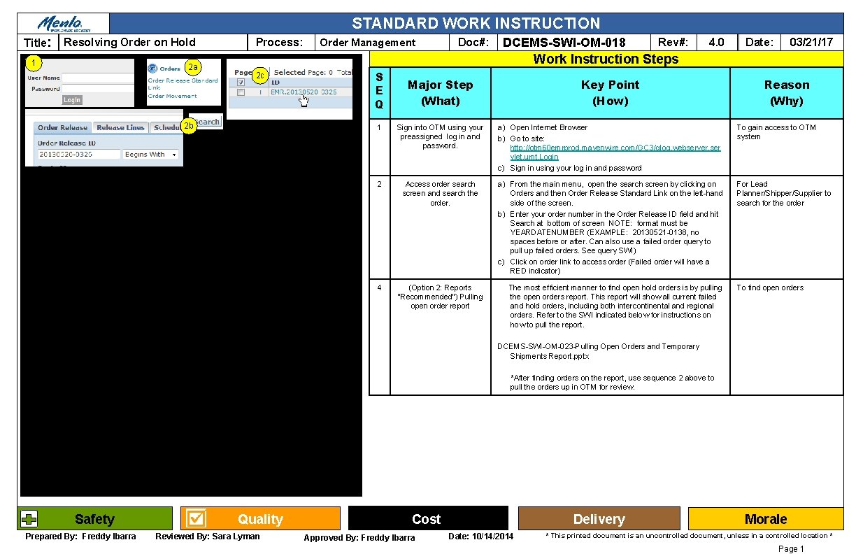 STANDARD WORK INSTRUCTION Title Resolving Order on Hold