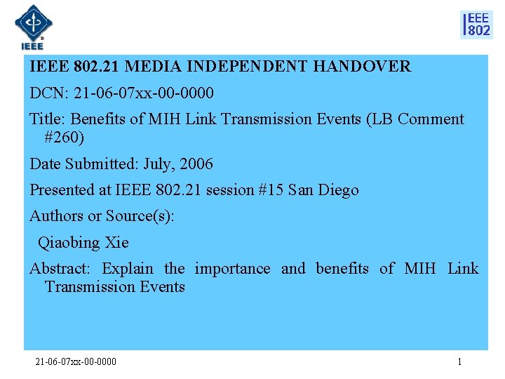 IEEE 802 21 MEDIA INDEPENDENT HANDOVER DCN 21