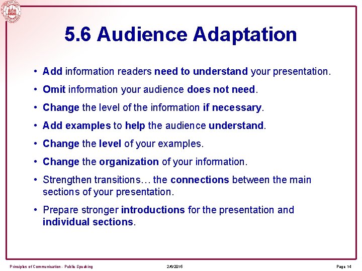 Principles of Communication Chapter 5 Public Speaking W