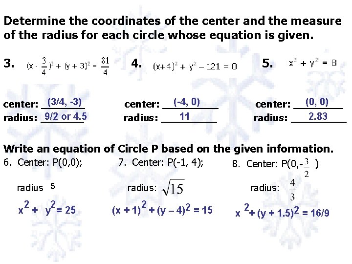 Chapter 9 Section 8 Equations of Circles Remember