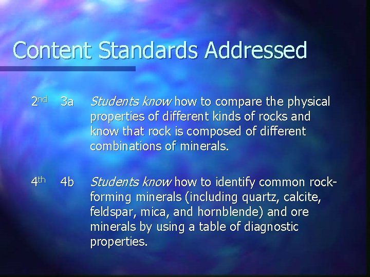 Minerals Content Standards Addressed 2 nd 3 a