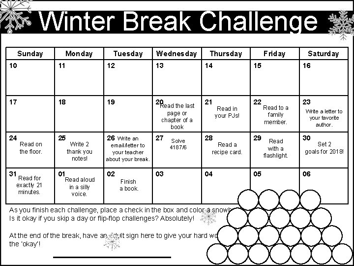 Winter Break Challenge Sunday Monday Tuesday Wednesday Thursday
