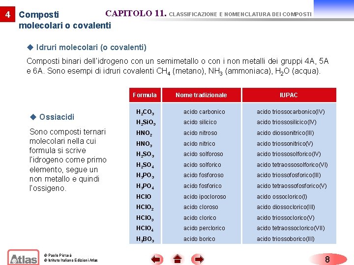 CAPITOLO 11 CLASSIFICAZIONE E NOMENCLATURA DEI COMPOSTI Classificazione